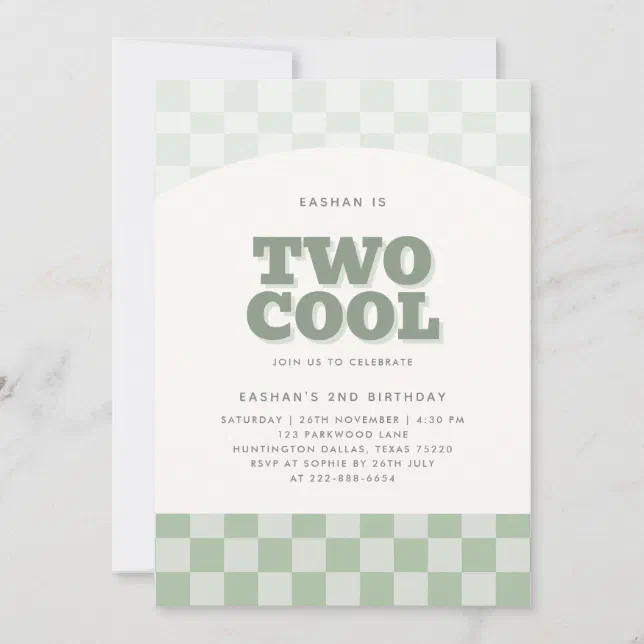 Two Cool Green Checker Pattern 2nd Birthday Invitation | Zazzle