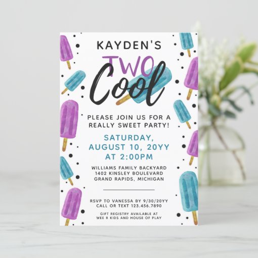 TWO COOL Kid's 2nd Birthday Summer Ice Pop Party Invitation | Zazzle
