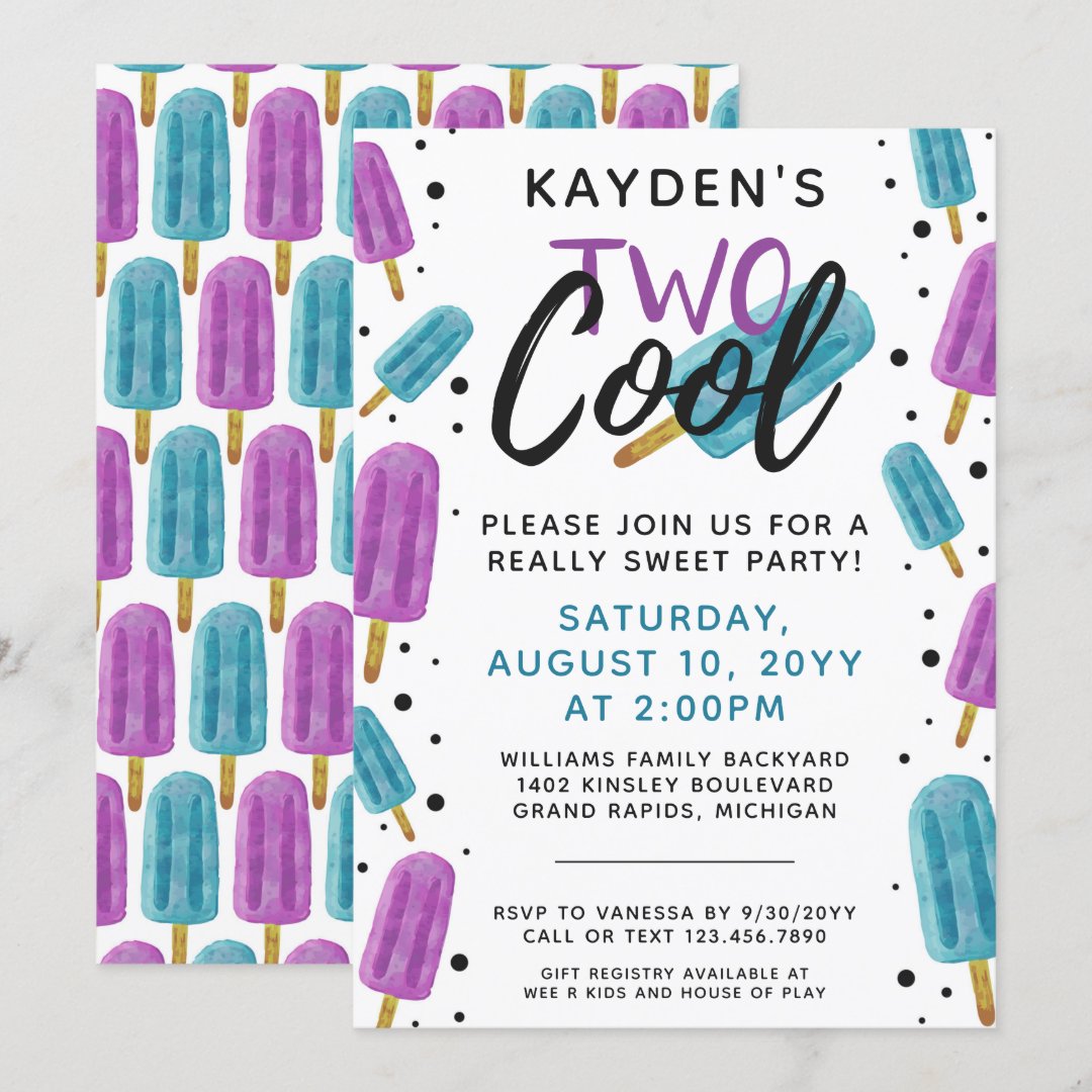 TWO COOL Kid's 2nd Birthday Summer Ice Pop Party Invitation | Zazzle