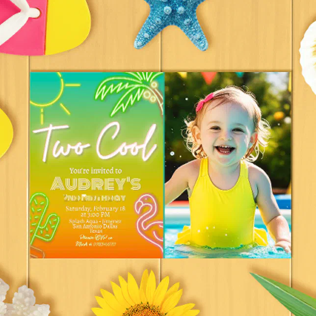 Two Cool Neon Pool Party Invitation with Photo | Zazzle