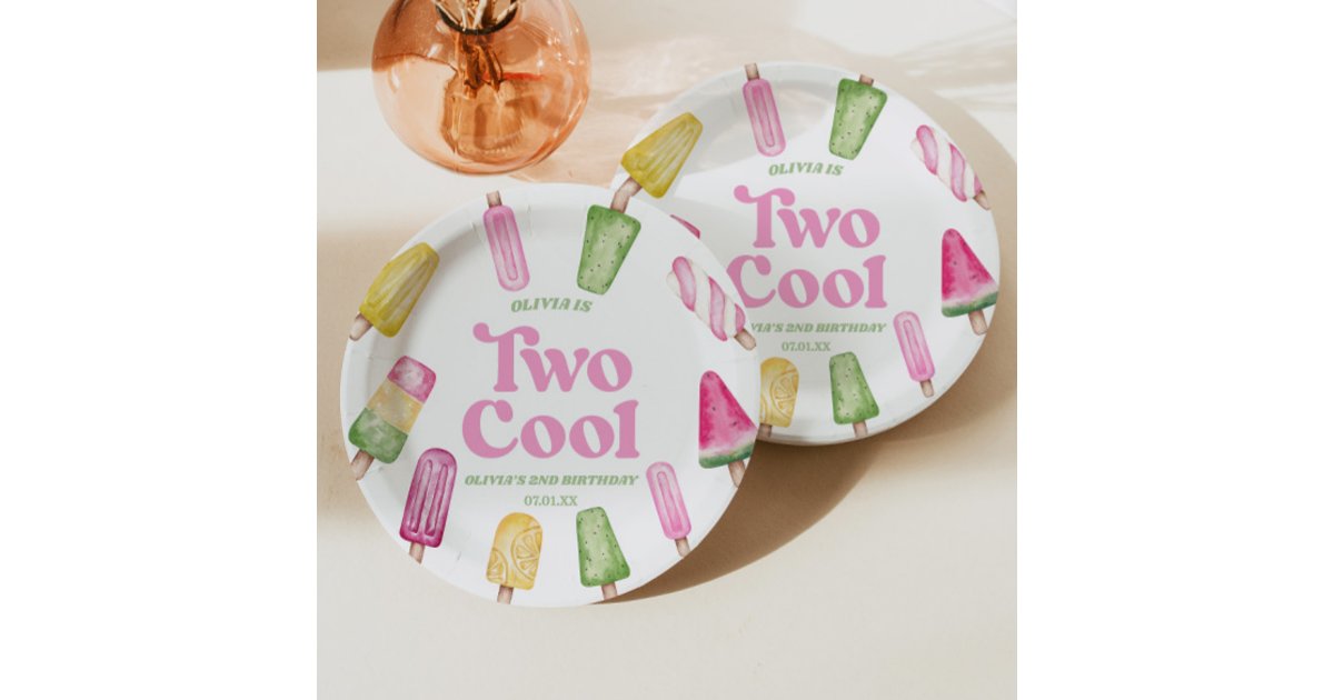 Two Cool Pink Retro Popsicle 2nd Birthday Party Paper Plates | Zazzle