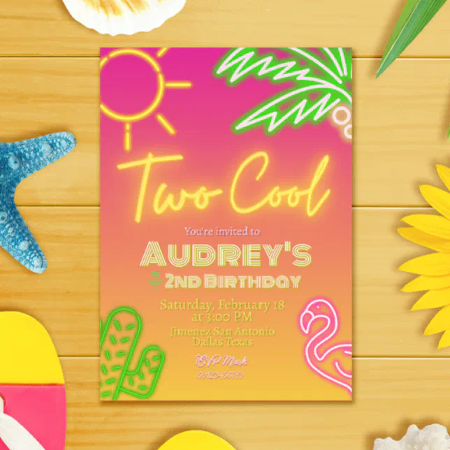 Two Cool Tropical Pink Neon Pool Party Invitation | Zazzle
