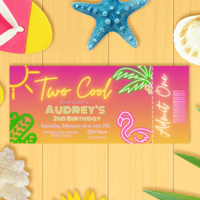Two Cool Tropical Pink Neon Pool Party Ticket Invitation | Zazzle