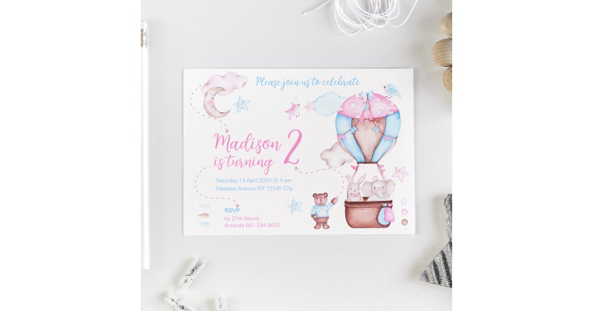 Two Cute Animals Balloon Whimsical Birthday Invitation | Zazzle