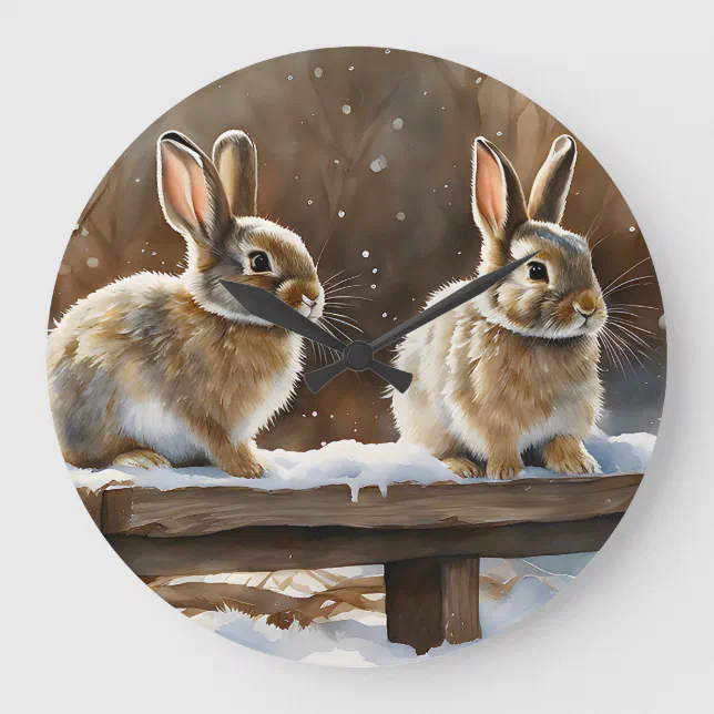 Two Cute Bunny Rabbits on a Bench in Snow Large Clock | Zazzle