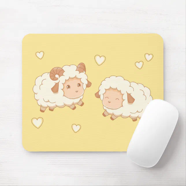Two Cute Little Sheep Ram Ewe on Yellow Mouse Pad | Zazzle
