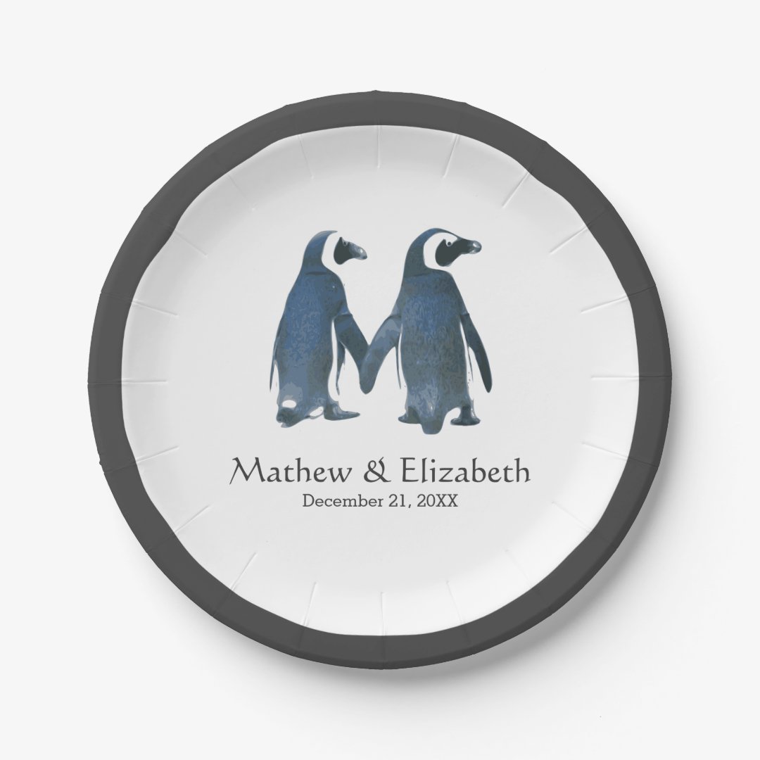 Two Cute Penguins | Romantic Wedding Paper Plates | Zazzle