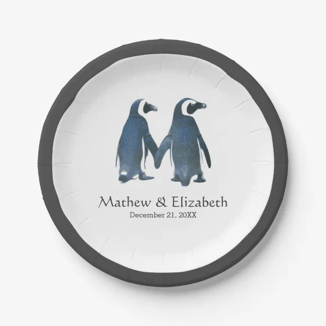 Two Cute Penguins | Romantic Wedding Paper Plates | Zazzle