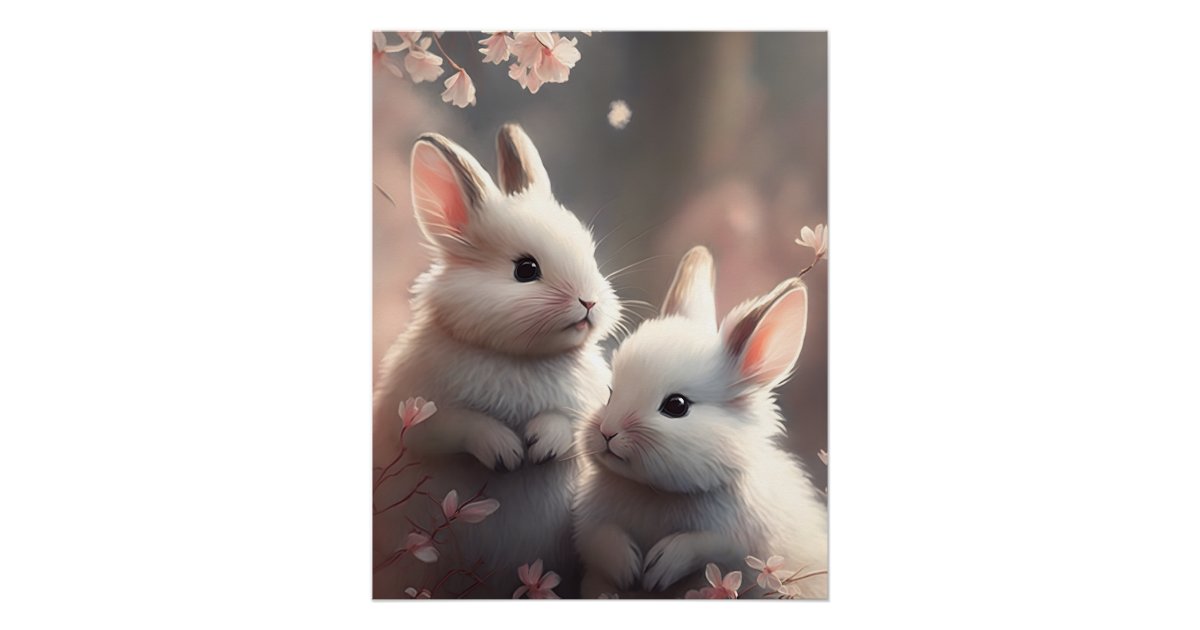 Two cute rabbits with sakura Glossy Poster | Zazzle