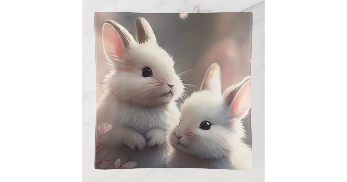 Two cute rabbits with sakura Square Trinket Tray | Zazzle