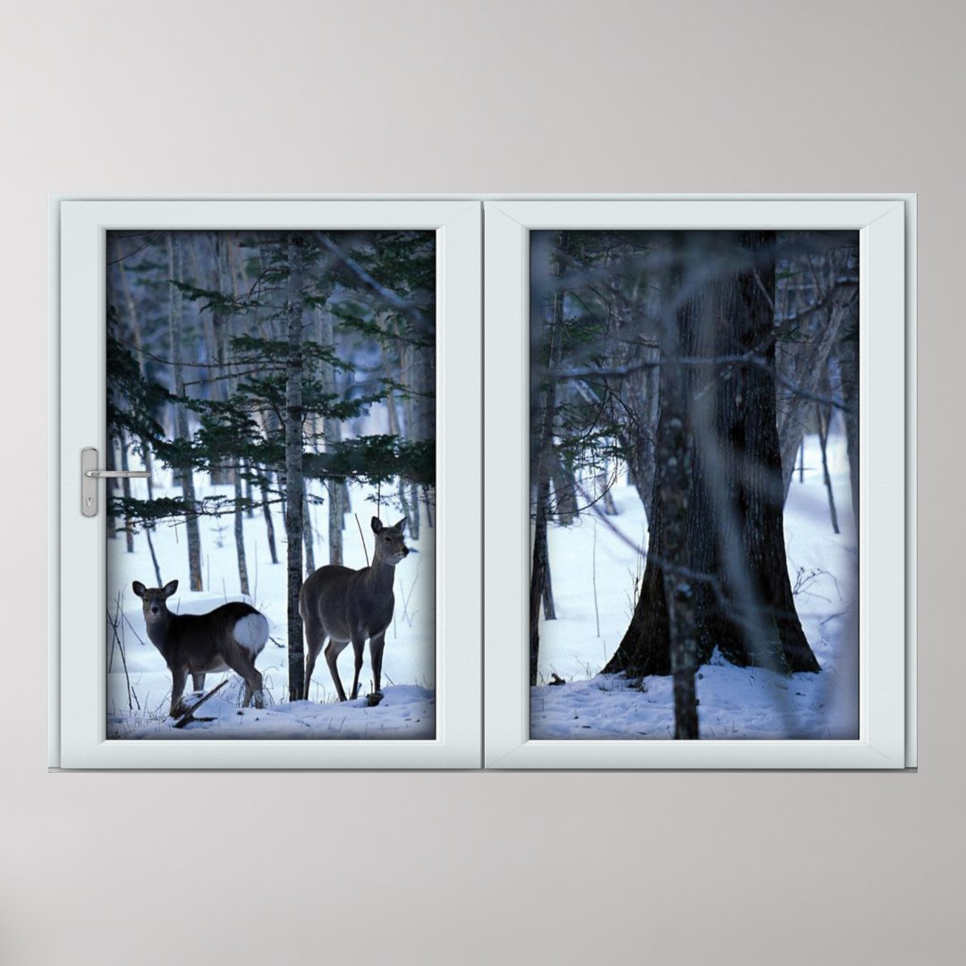 Two Deers in the Winter Window with a View Poster | Zazzle