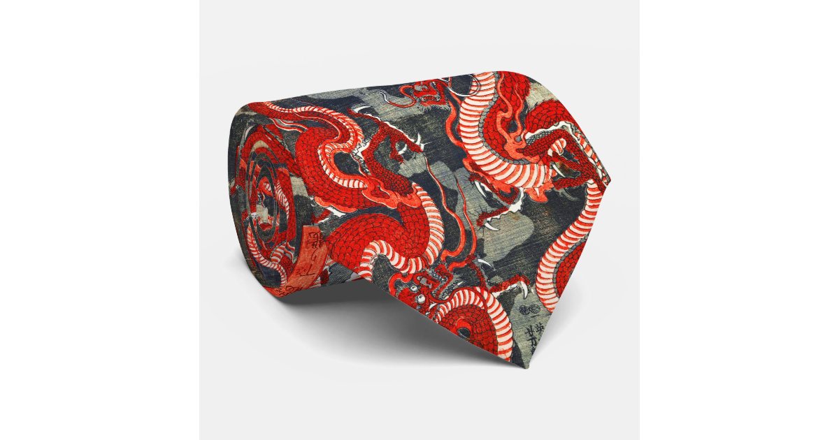 TWO DRAGONS JAPANESE WOODCUT IN RED BLACK WHITE NECK TIE | Zazzle