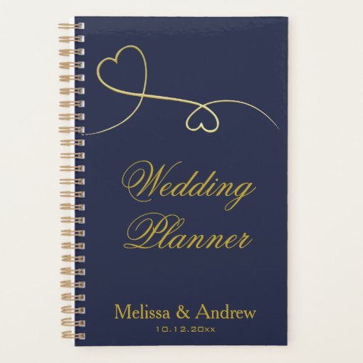 Two Elegant Gold Hearts | Navy Blue Wedding Planner | Zazzle