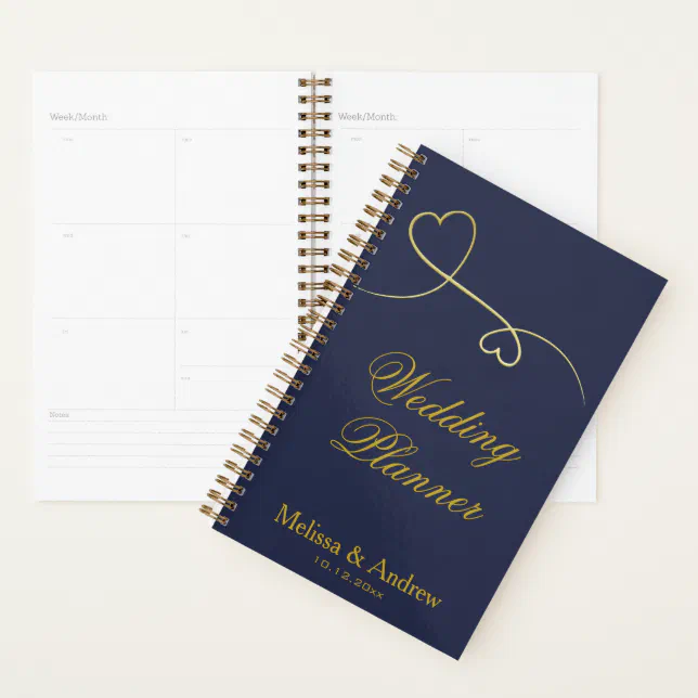 Two Elegant Gold Hearts | Navy Blue Wedding Planner | Zazzle
