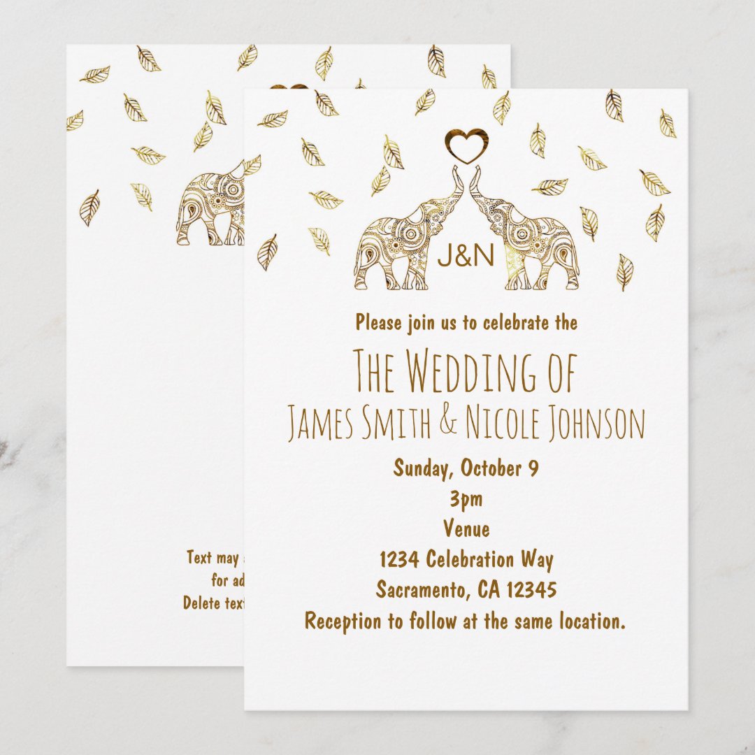 Two Elephants & Heart Gold Fall Wedding Invitation | Zazzle