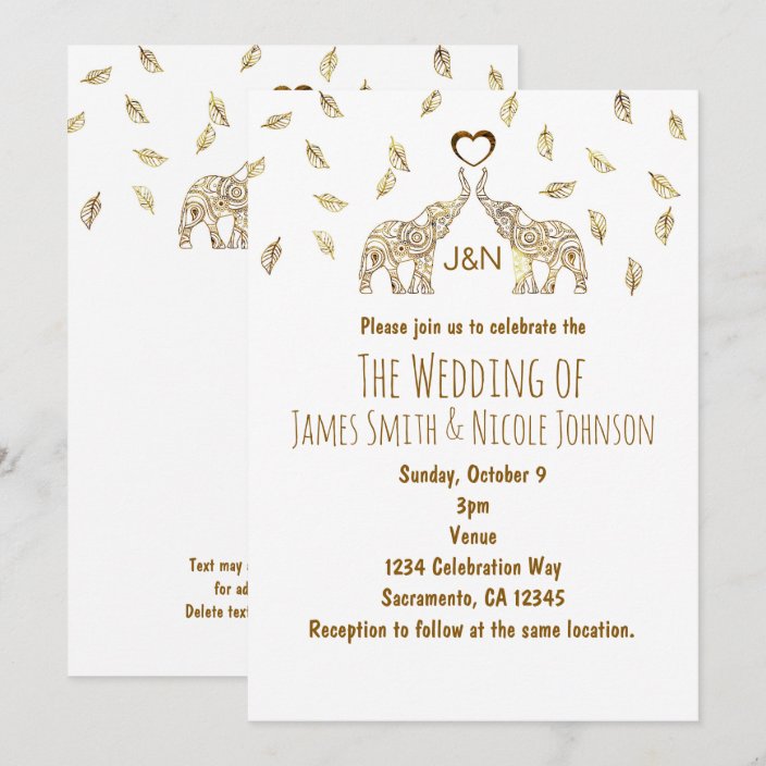 Two Elephants & Heart Gold Fall Wedding Invitation | Zazzle