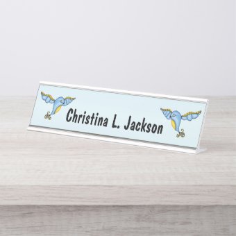 Two Fantasy Flying Bluebirds Yellow Scrolled Tails Desk Name Plate | Zazzle