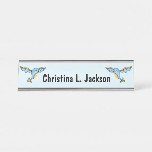Two Fantasy Flying Bluebirds Yellow Scrolled Tails Desk Name Plate | Zazzle