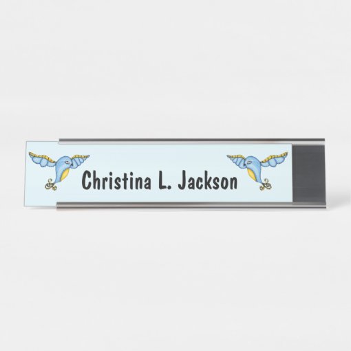 Two Fantasy Flying Bluebirds Yellow Scrolled Tails Desk Name Plate | Zazzle