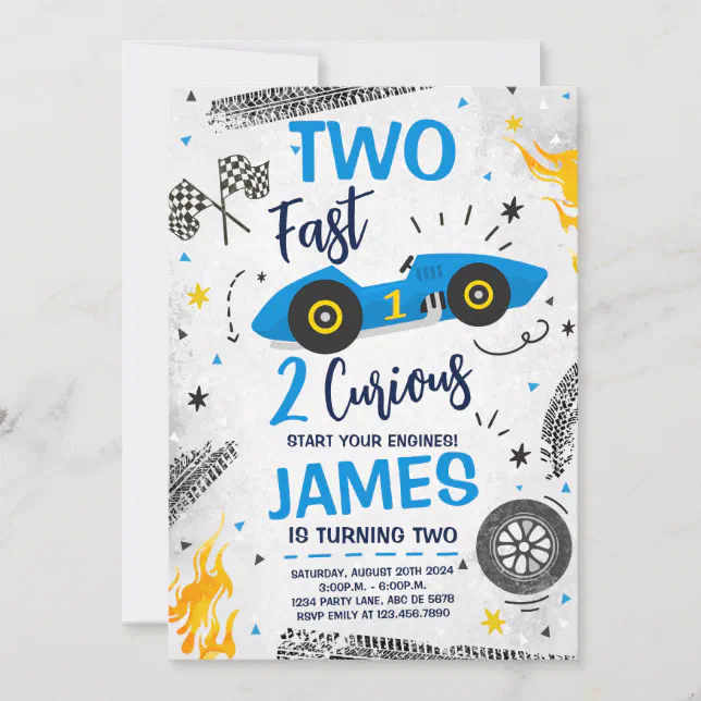 Two Fast 2 Curious Blue 2nd Birthday Invitation | Zazzle