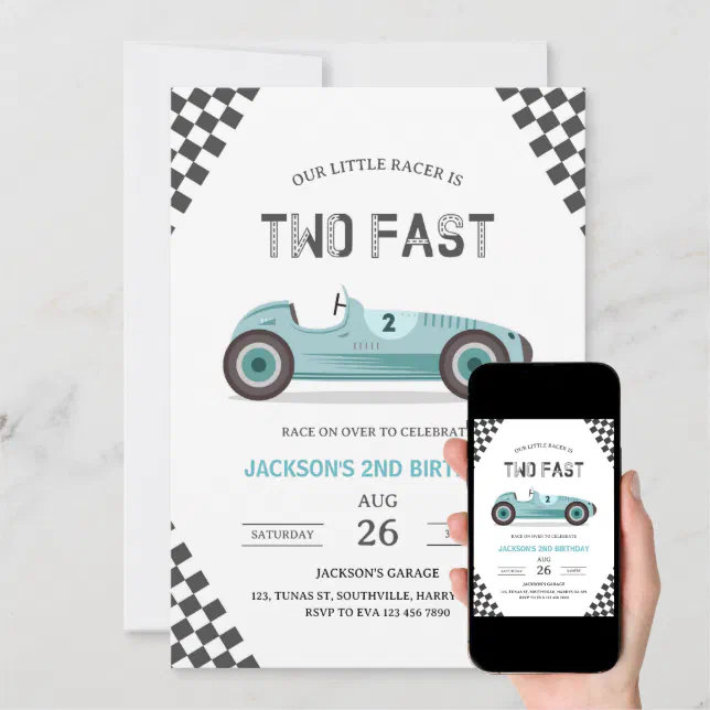 Two Fast 2 Curious Party Race Car 2nd Birthday Invitation | Zazzle