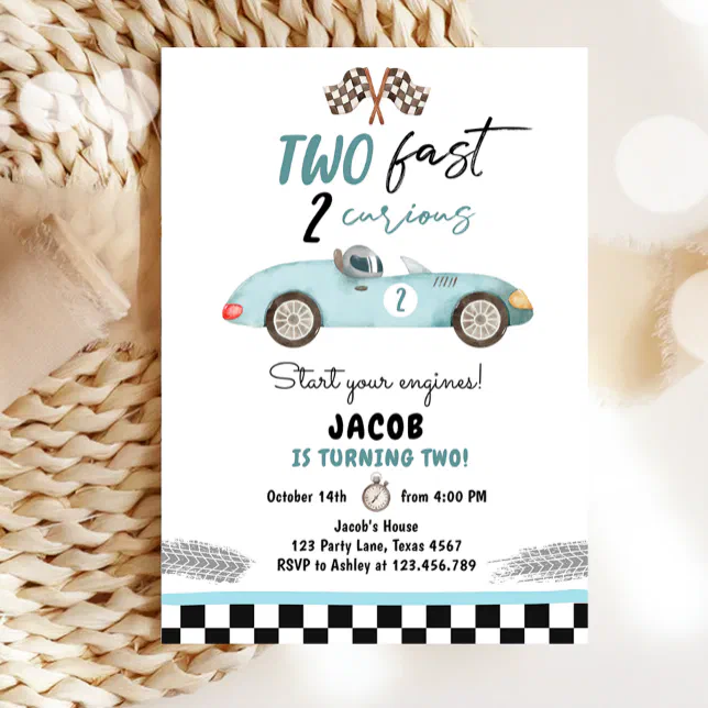 Two Fast 2 Curious Party Race Car 2nd Birthday Invitation | Zazzle