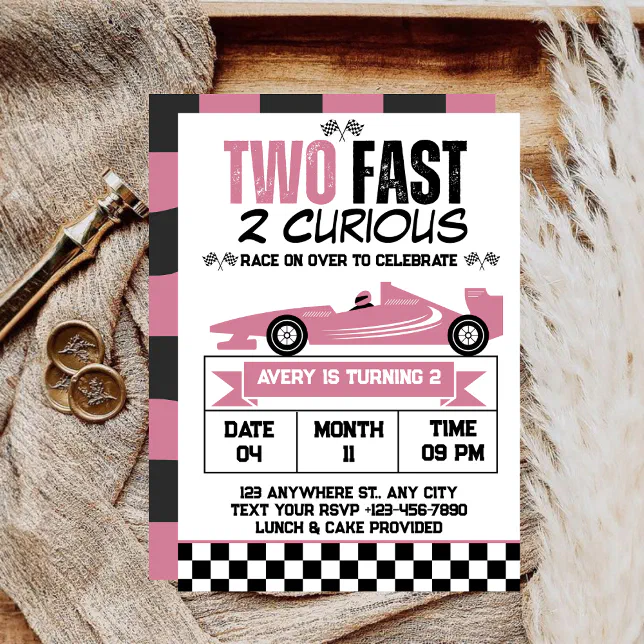 Two Fast 2 Curious Pink Vintage Car Girl Birthday Invitation | Zazzle