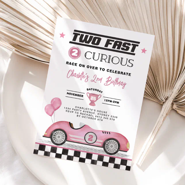 Two Fast 2 Curious Pink Vintage Car Girl Birthday Invitation | Zazzle