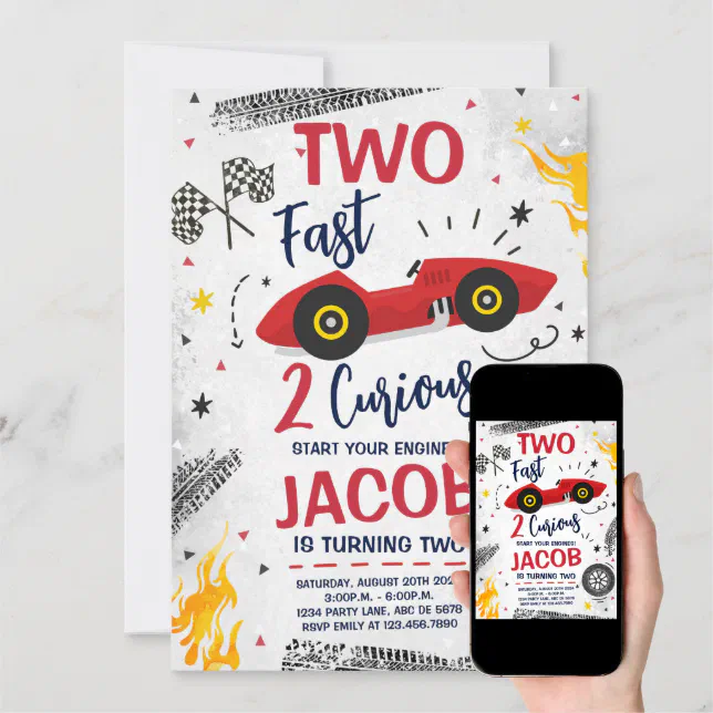 Two Fast 2 Curious Red 2nd Birthday Invitation | Zazzle