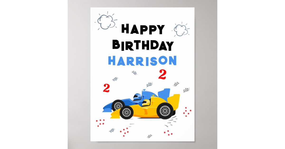 Two Fast 2nd Birthday Kids Racing Cars Name Poster | Zazzle