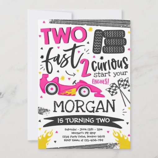Two Fast 2nd Birthday Party Pink Race Car Party Invitation | Zazzle
