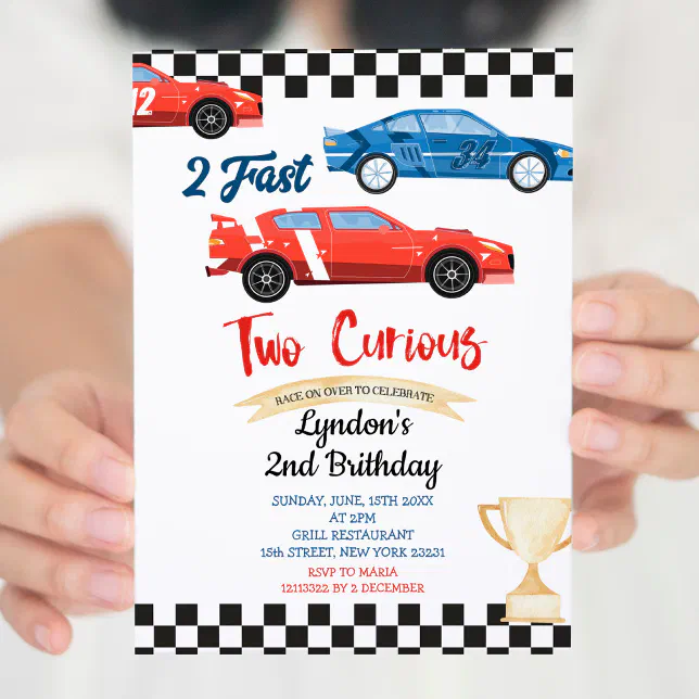 Two Fast Birthday 2 Fast Two Curious Red & Blue In Invitation | Zazzle
