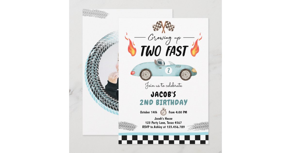 Two Fast Birthday Party Blue Race Car 2nd Birthday Invitation | Zazzle