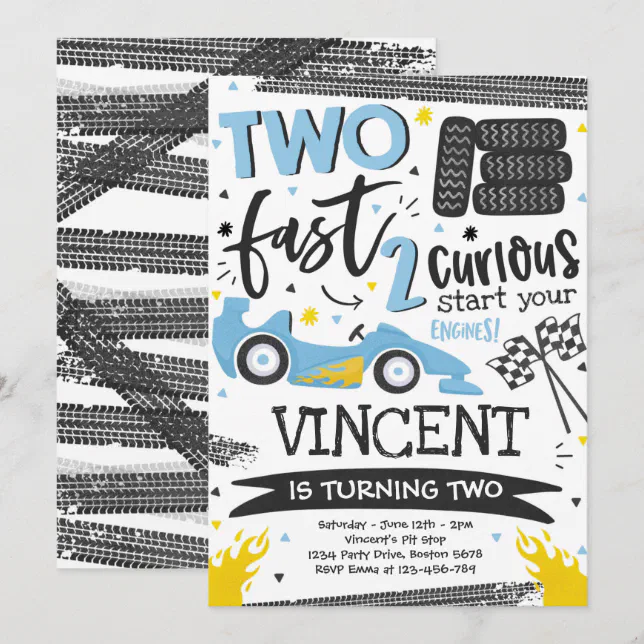 Two Fast Birthday Party Blue Race Car 2nd Birthday Invitation | Zazzle