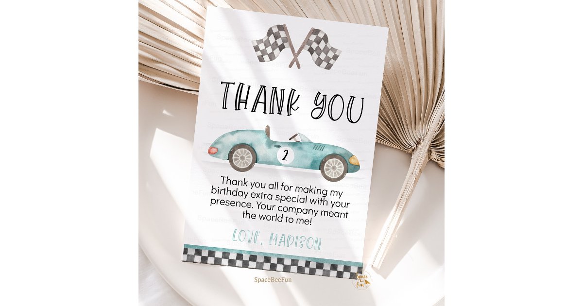 Two fast Birthday Thank you card Racing car | Zazzle