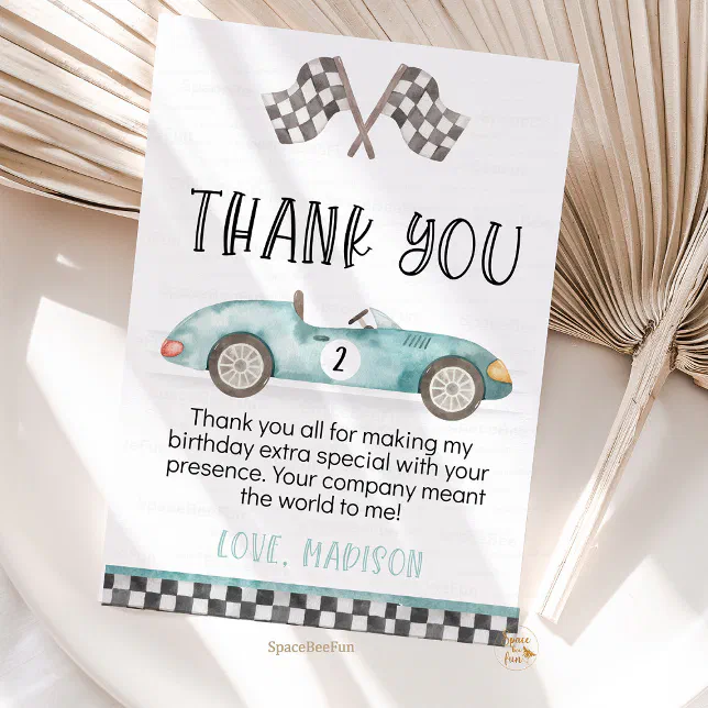 Two fast Birthday Thank you card Racing car | Zazzle