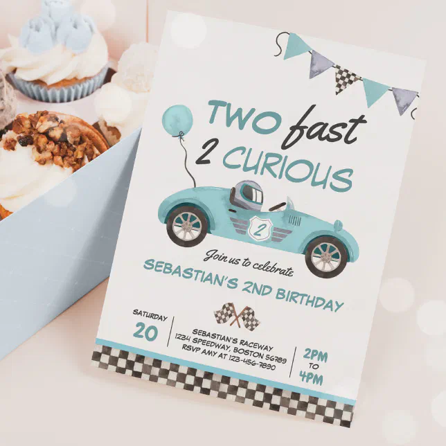 Two Fast Blue Race Car 2nd Birthday Invitation | Zazzle
