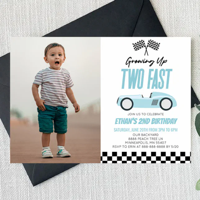 Two Fast Blue Race Car 2nd Birthday Party Invitation | Zazzle