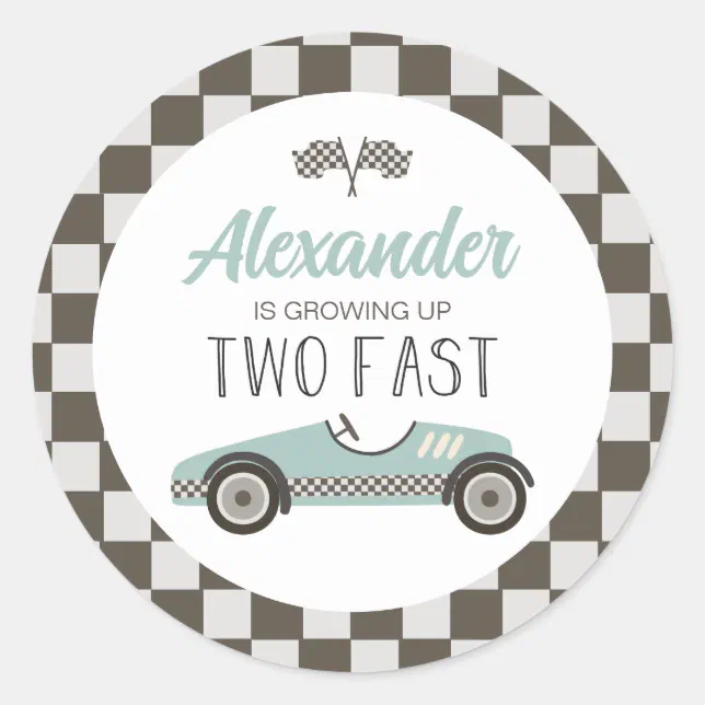 Two Fast blue Race Car Birthday Classic Round Sticker | Zazzle