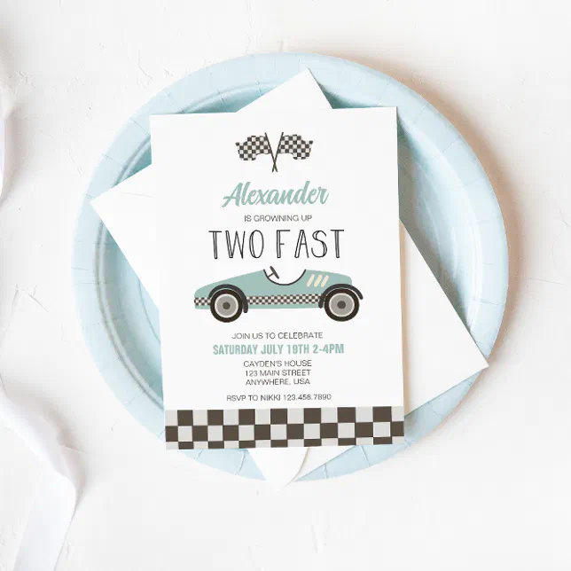 Two Fast BLUE Race Car Birthday Invitation | Zazzle
