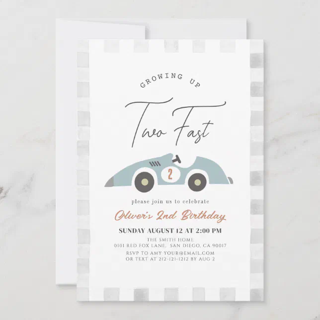 Two Fast Blue Race Car Boy 2nd Birthday Invitation | Zazzle