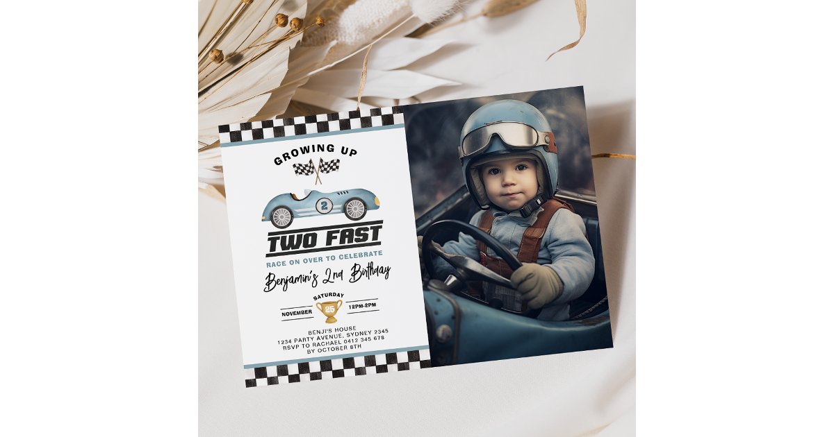 Two Fast Boy 2nd Birthday Race Car Party Photo Invitation | Zazzle