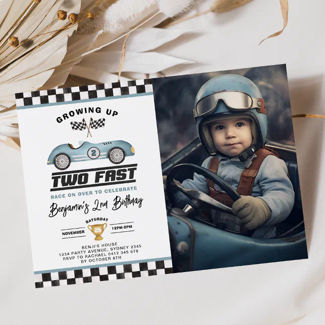Two Fast Boy 2nd Birthday Race Car Party Photo Invitation | Zazzle