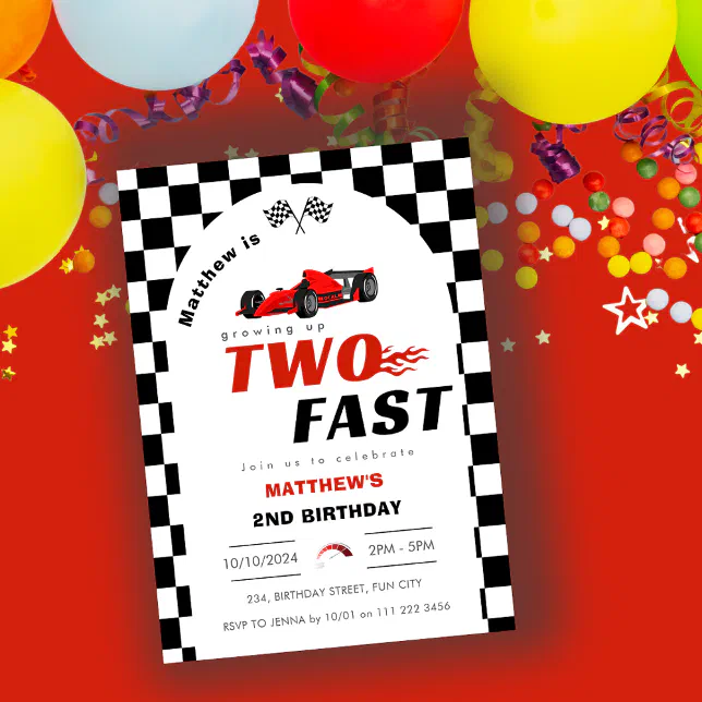 Two Fast Boy 2nd Birthday Red Racing Car Invitation | Zazzle