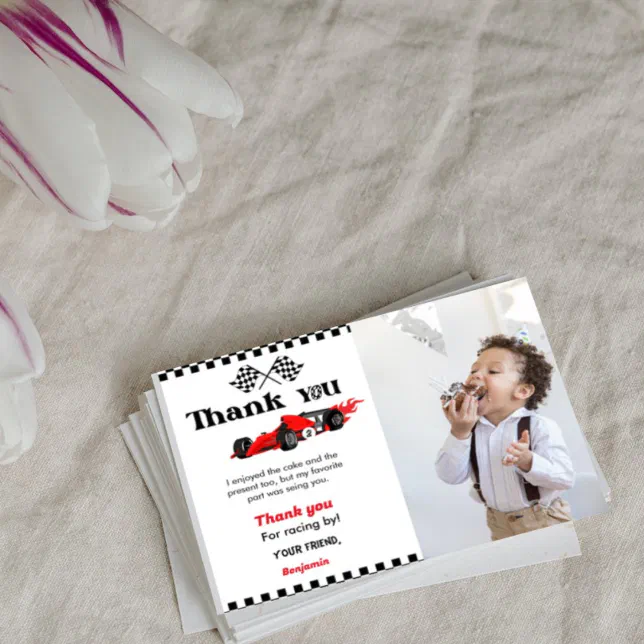 Two fast car race boybirthday party thank you card | Zazzle