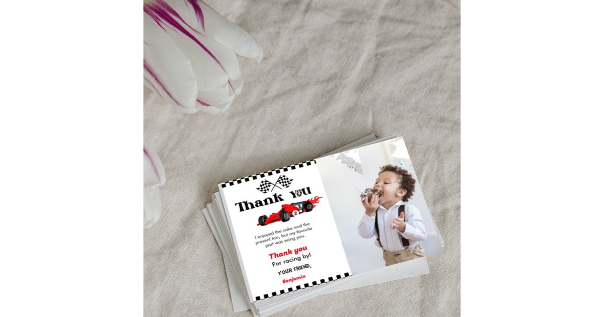 Two fast car race boybirthday party thank you card | Zazzle