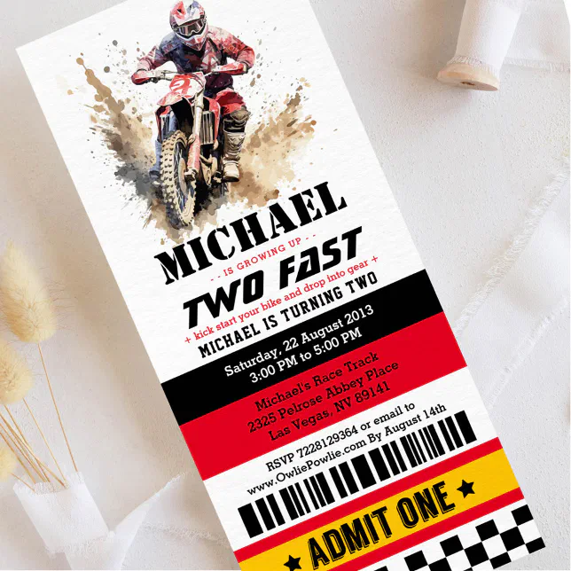 Two Fast Dirt Bike Ticket Pass Second Birthday Invitation | Zazzle