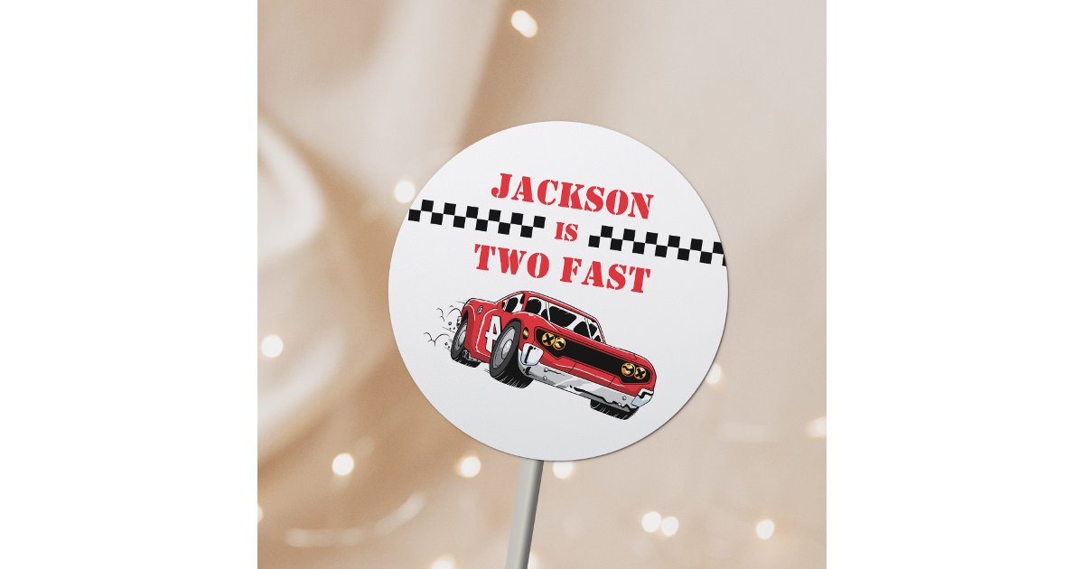 Two Fast Modern Red Race Car Boy 2nd Birthday Classic Round Sticker ...