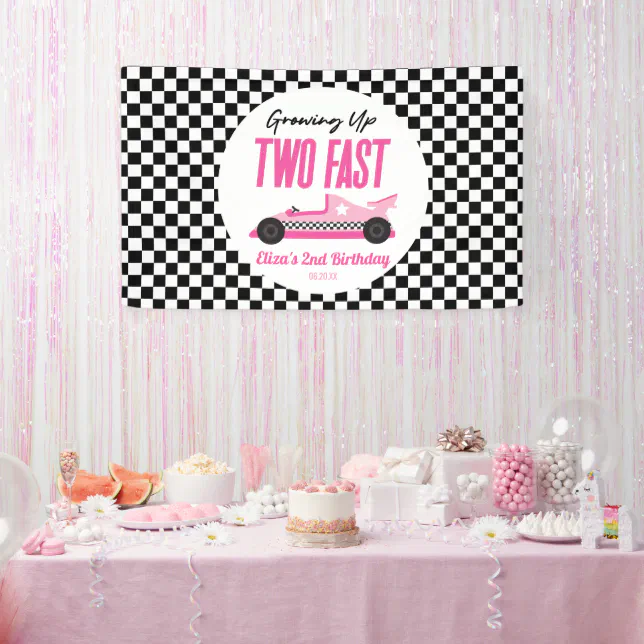 Two Fast Pink Race Car 2nd Birthday Party Banner | Zazzle