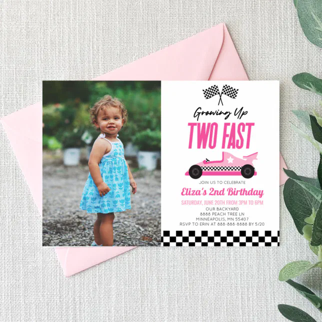 Two Fast Pink Race Car 2nd Birthday Party Invitation | Zazzle